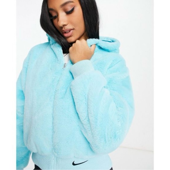 Nike | Tops | Rare Nike Essentials Faux Fur Full Zip Hooded Jacket Aqua ...